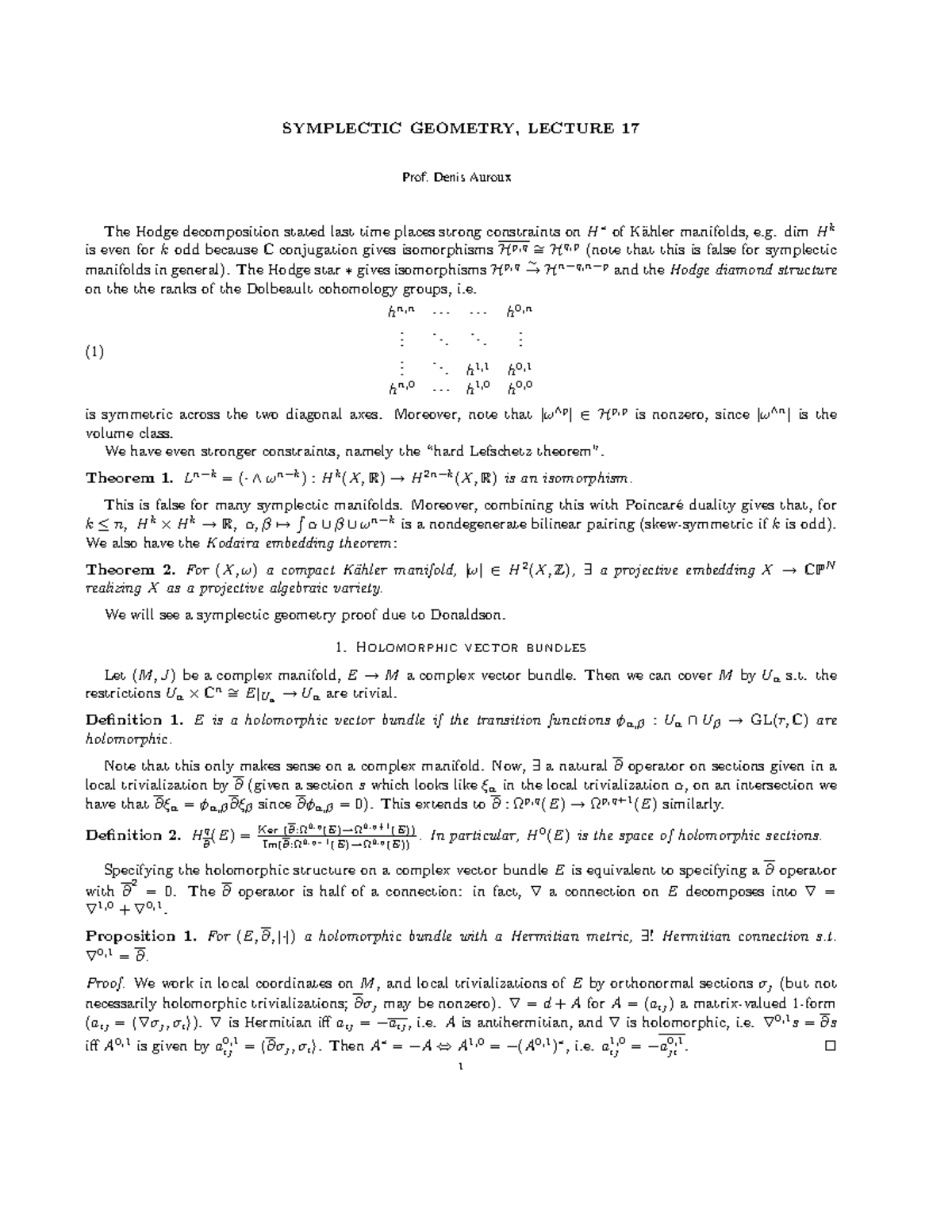 Lect17 Hodge diamond; hard Lefschetz theorem; holomorphic vector ...