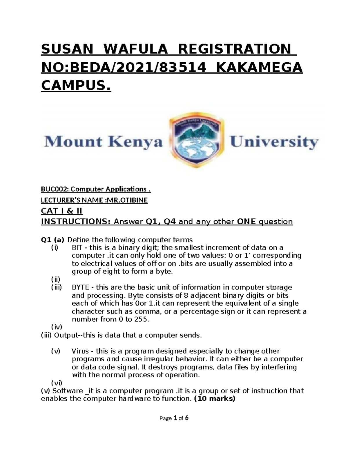 BUC002 Comuter Applications CAT 1 and 2 - SUSAN WAFULA REGISTRATION NO ...