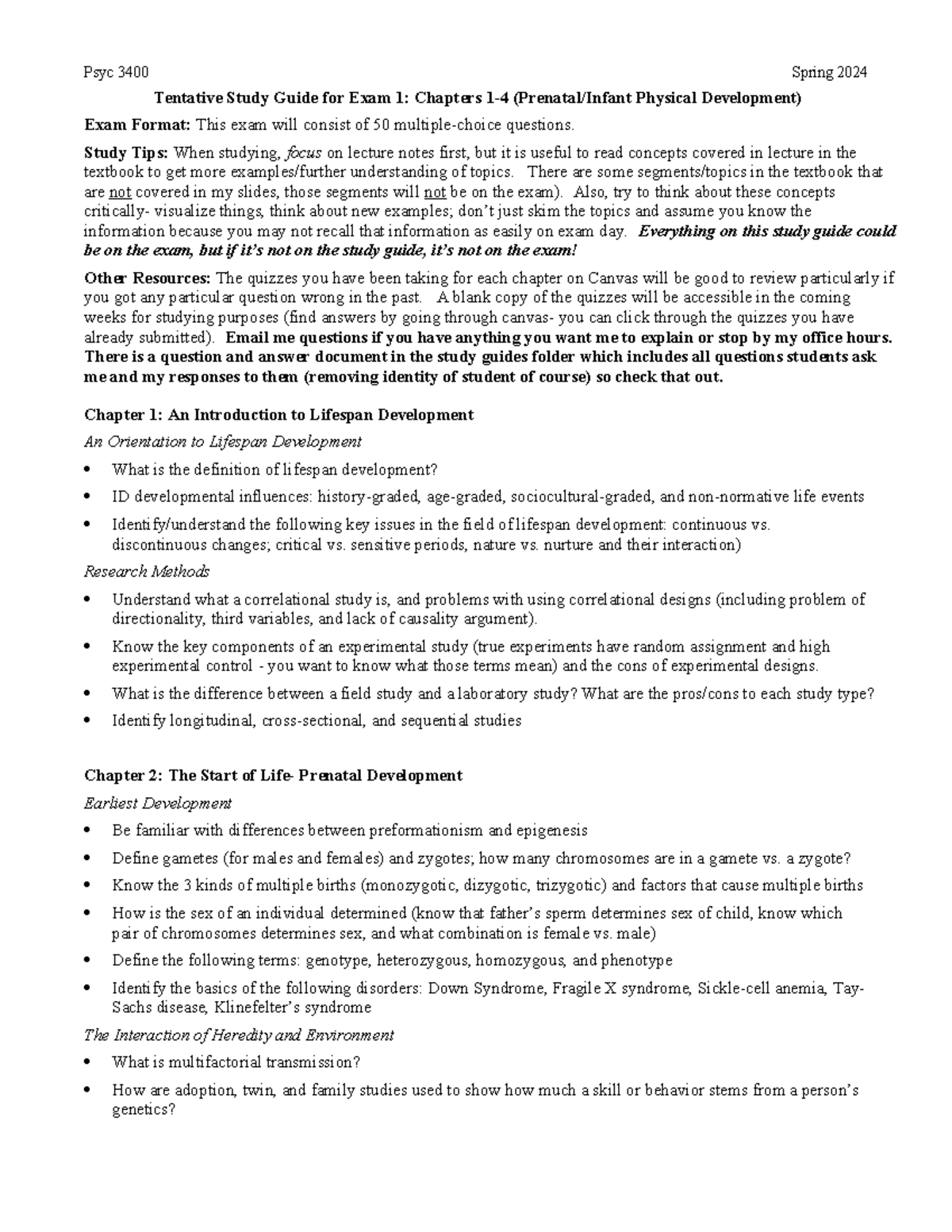 Exam 1 Study Guide 3400 S24 - Psyc 3400 Spring 2024 Tentative Study ...