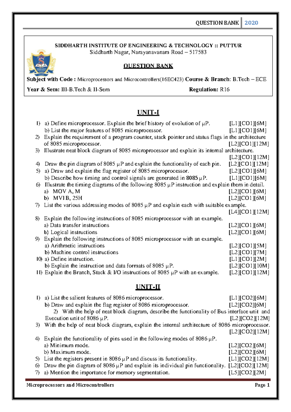 16ec423 Microprocessors And Microcontrollers Microprocessors And Microcontrollers Page 1 Unit I