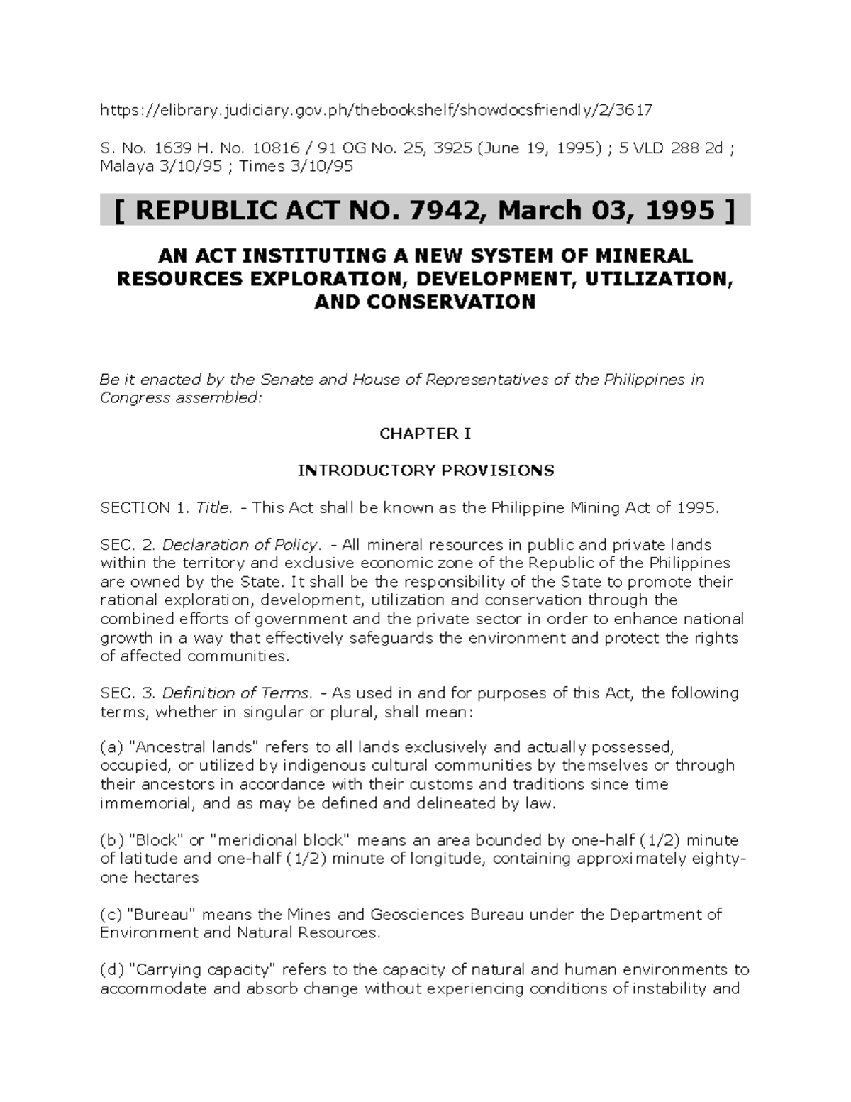 RA NO. 7942 Phil. Mining Act of 1995 - elibrary.judiciary.gov ...