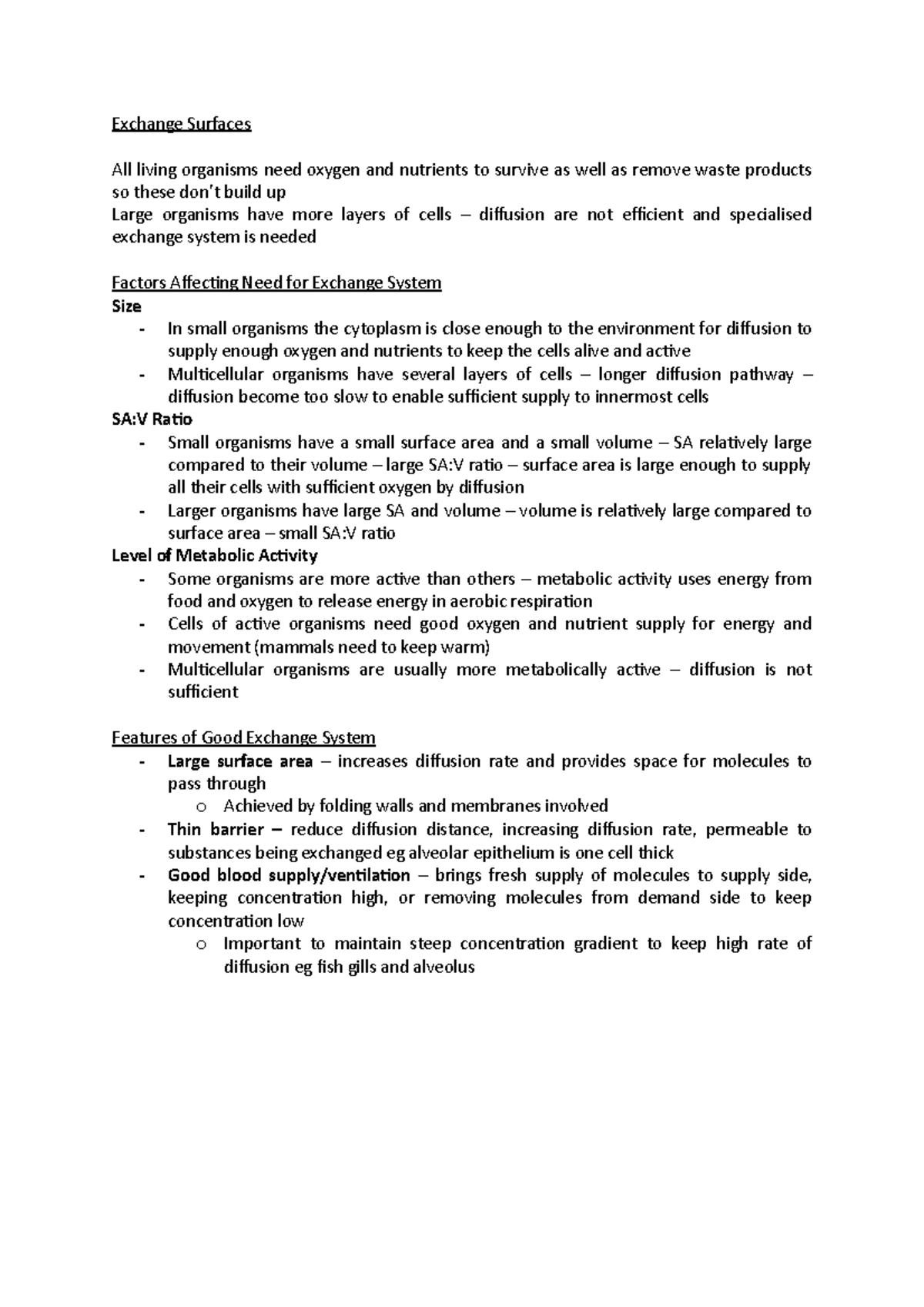Exchange Surfaces Notes - Exchange Surfaces All living organisms need ...