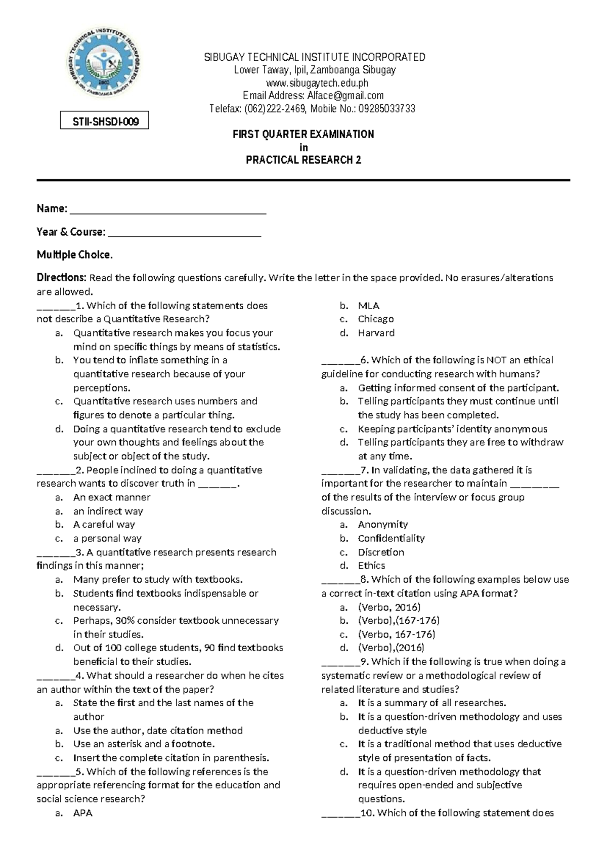 PR2 TQ AND TOS - pr2 - SIBUGAY TECHNICAL INSTITUTE INCORPORATED Lower Taway, Ipil, Zamboanga ...