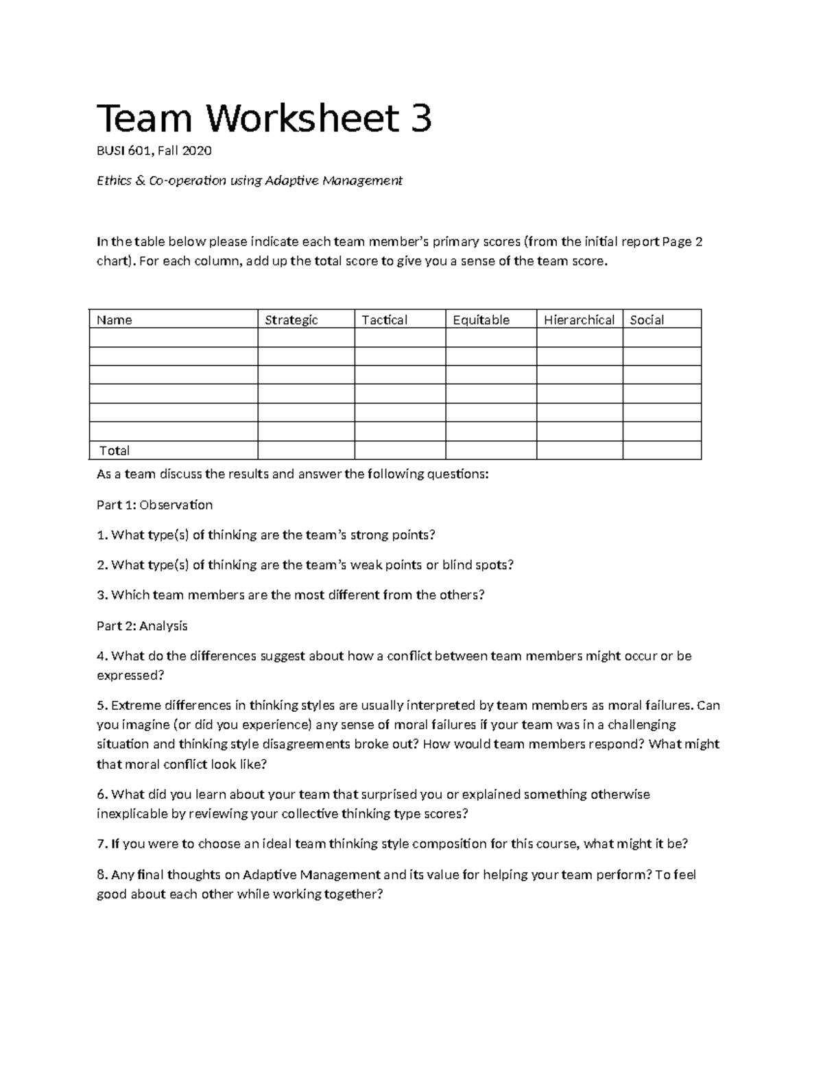 Team Worksheet business - Team Worksheet 3 BUSI 601, Fall 2020 Ethics ...