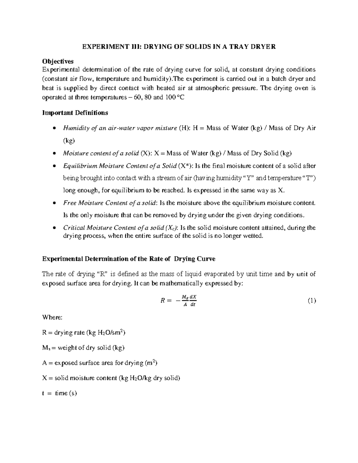 Drying experinent CHE 409 - EXPERIMENT III: DRYING OF SOLIDS IN A TRAY ...