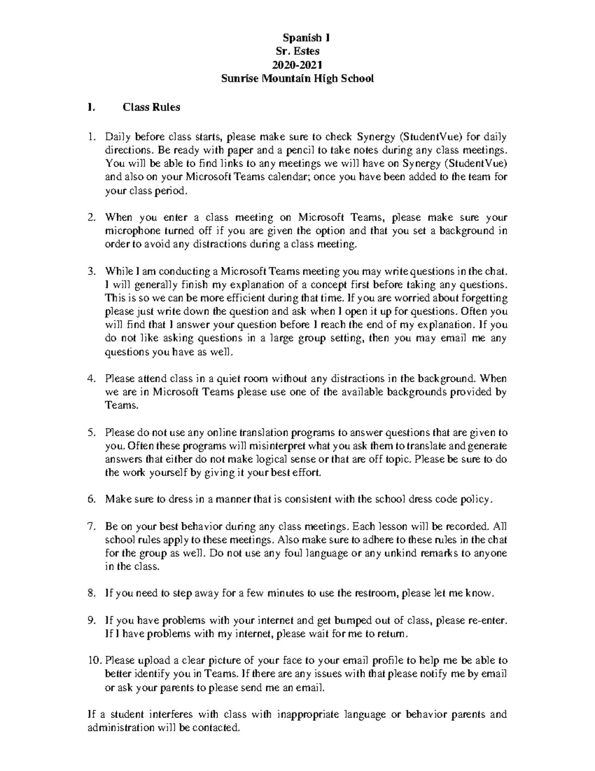 Spanish 1 Fall Syllabus 2020 elementary Spanish - Spanish I Sr. Estes ...