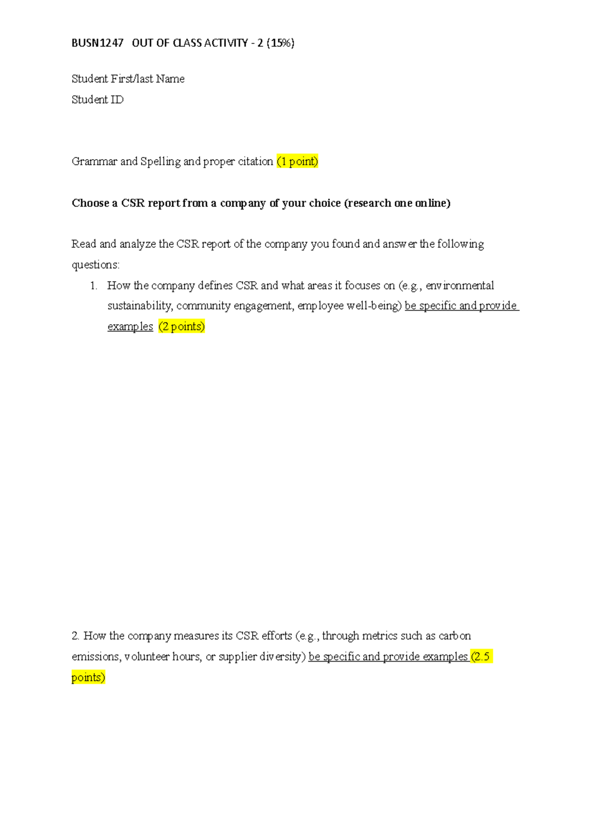 Out of Class Activity - BUSN1247 OUT OF CLASS ACTIVITY - 2 (15% ...