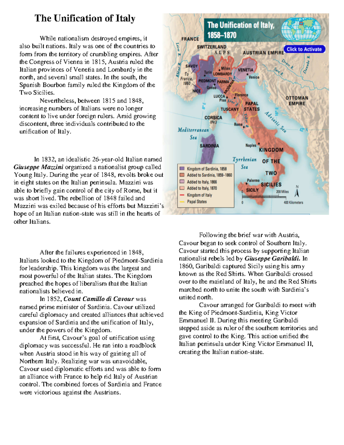 Unificationofitaly - The Unification of Italy While nationalism ...