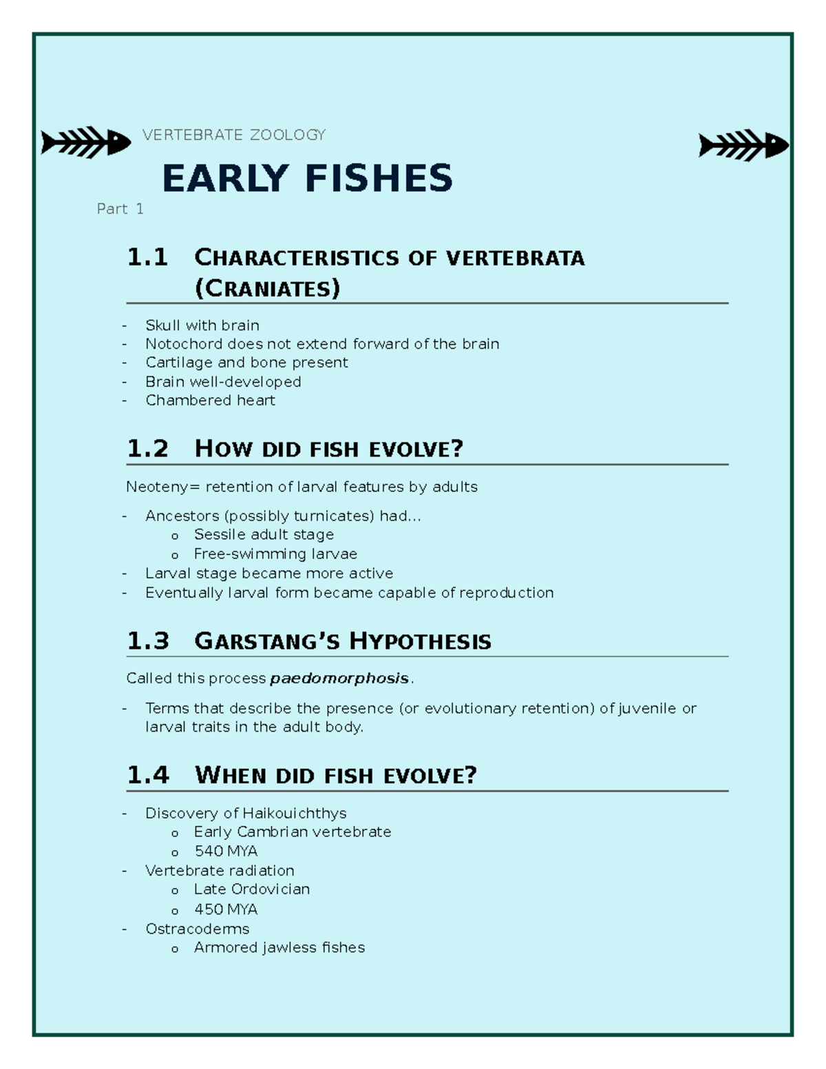 Early Fishes EVO Notes EXAM 1 - VERTEBRATE ZOOLOGY EARLY FISHES Part 1 ...