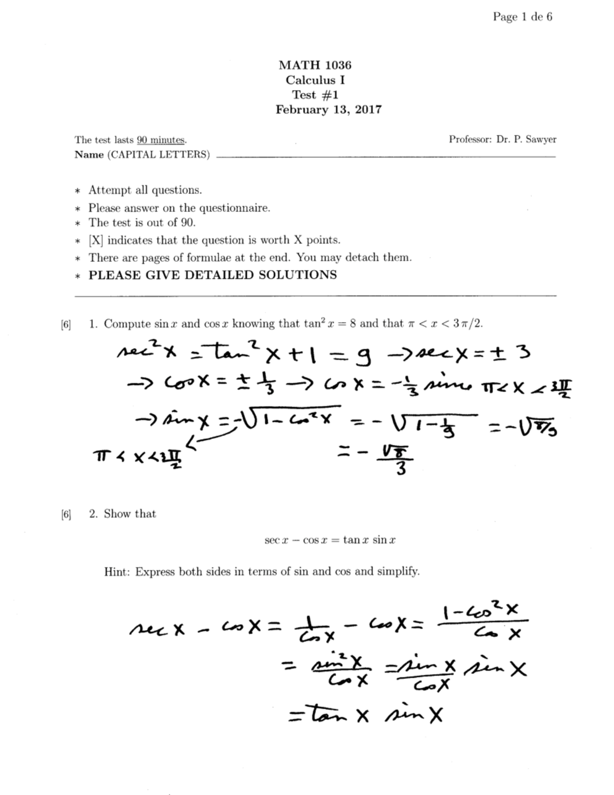 Soln test 1 MATH 1036 - Midterm Test #1 solutions - MATH-1036EL - Studocu