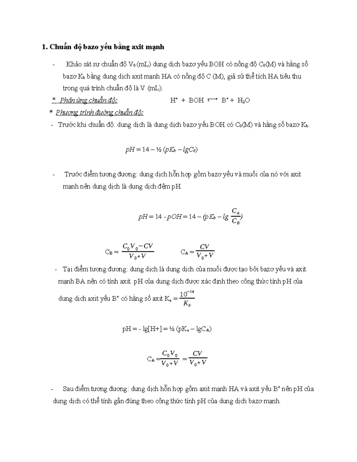 BTL 3 HPT - HCMUT - 1. Chuẩn độ bazo yếu bằng axit mạnh Khảo sát sự chuẩn độ V 0 (mL) dung dịch ...