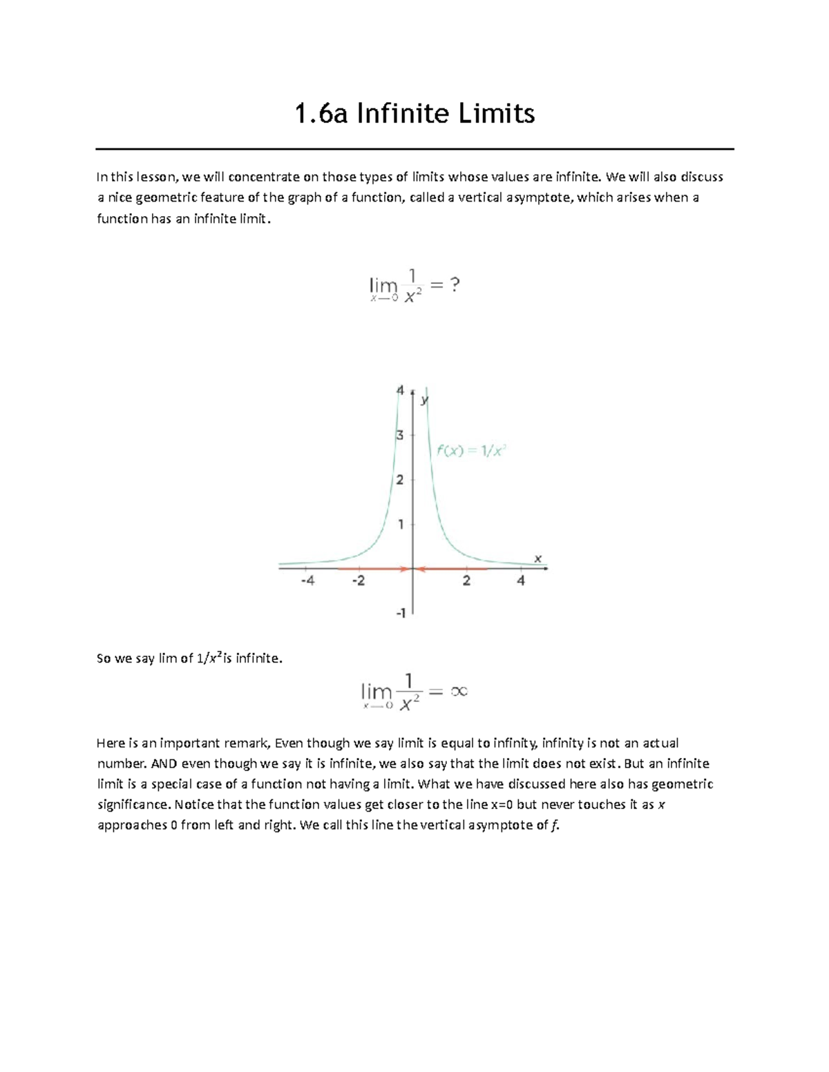 1.6a Infinite Limits - lecture notes - 1 Infinite Limits In this lesson ...
