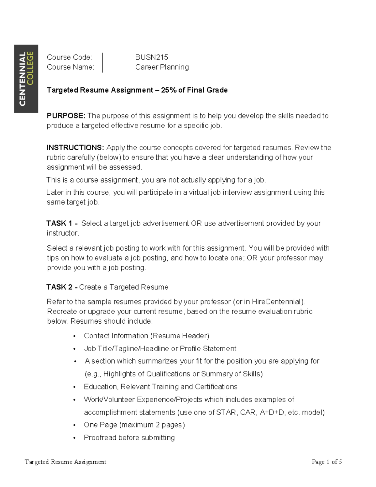Targeted Resume Assignment with Rubric - Course Code: BUSN 215 Course ...