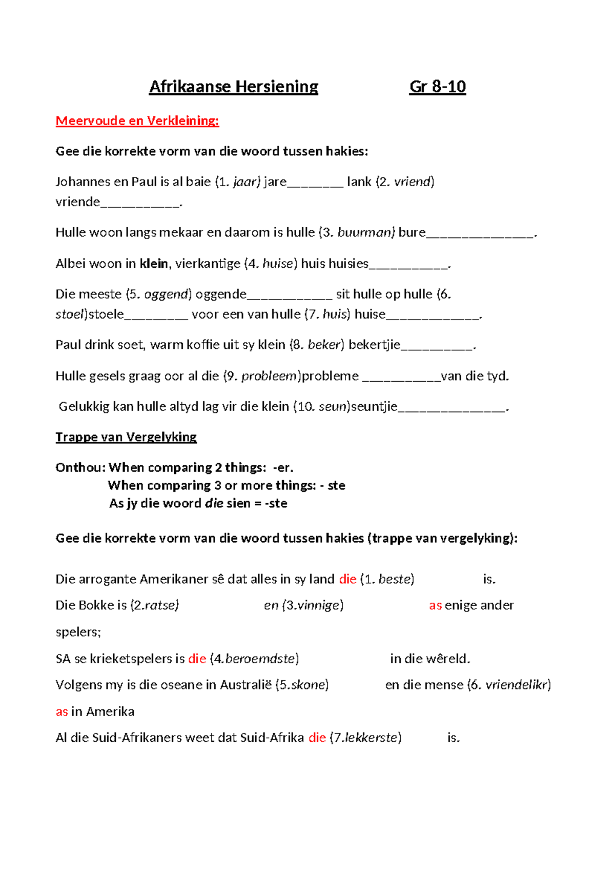 Afrikaanse Hersiening Junie Eksamen Gr 8-10 (1) - Afrikaanse Hersiening Gr 8- Meervoude en - Studocu