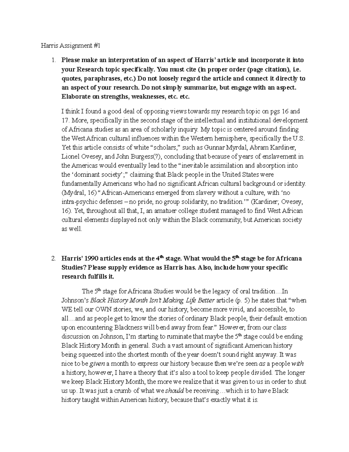 AFRA490- Harris R.R. #1 - Harris Assignment # Please make an ...