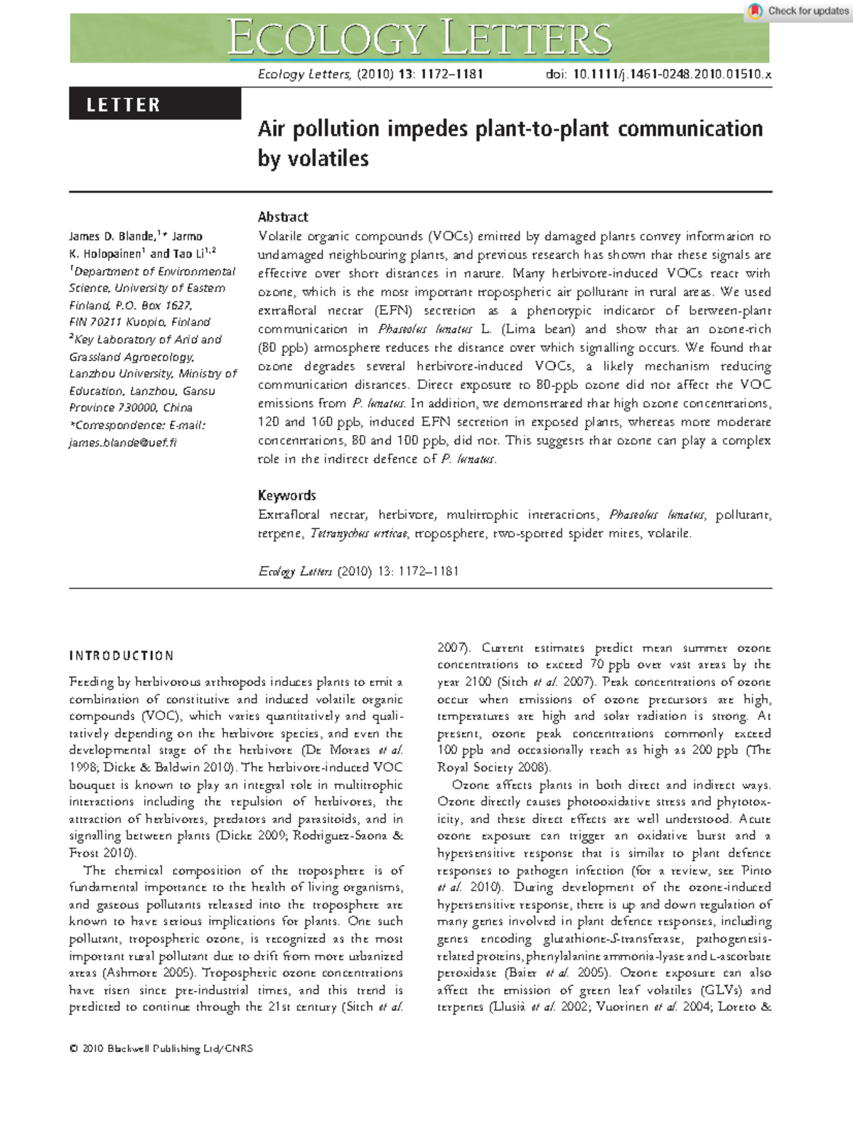 Ecology Letters - 2010 - Blande - Air pollution impedes plant%E2%80 ...