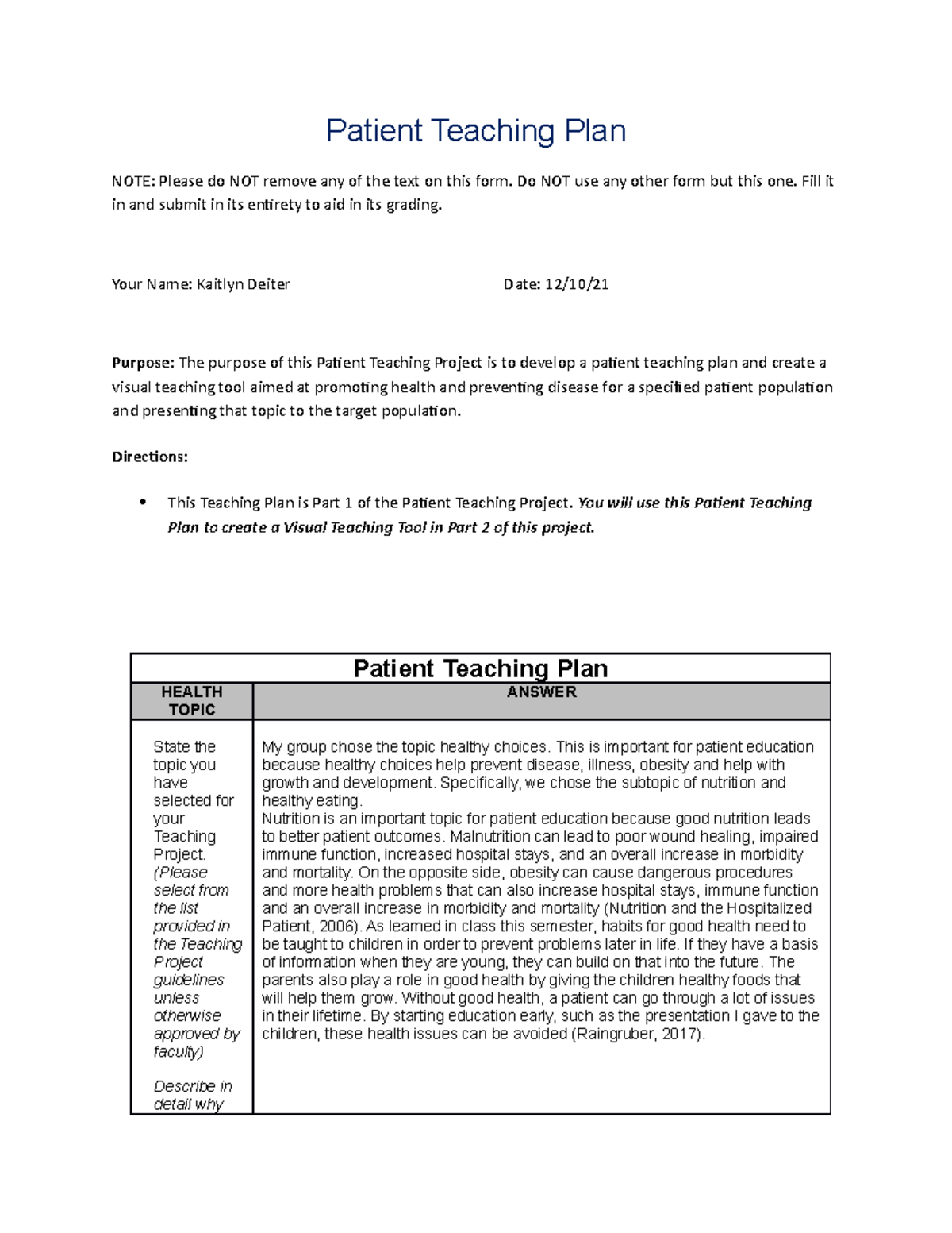 NUR 220 Teaching plan for final assignment - Patient Teaching Plan NOTE ...