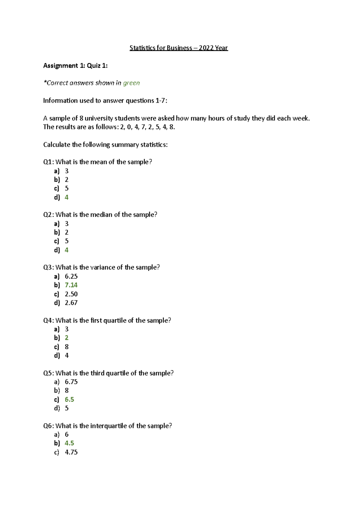 SB Quiz 1 Answers - Assignment 1: Quiz 1 - Statistics for Business – 2022 Year Assignment 1 ...