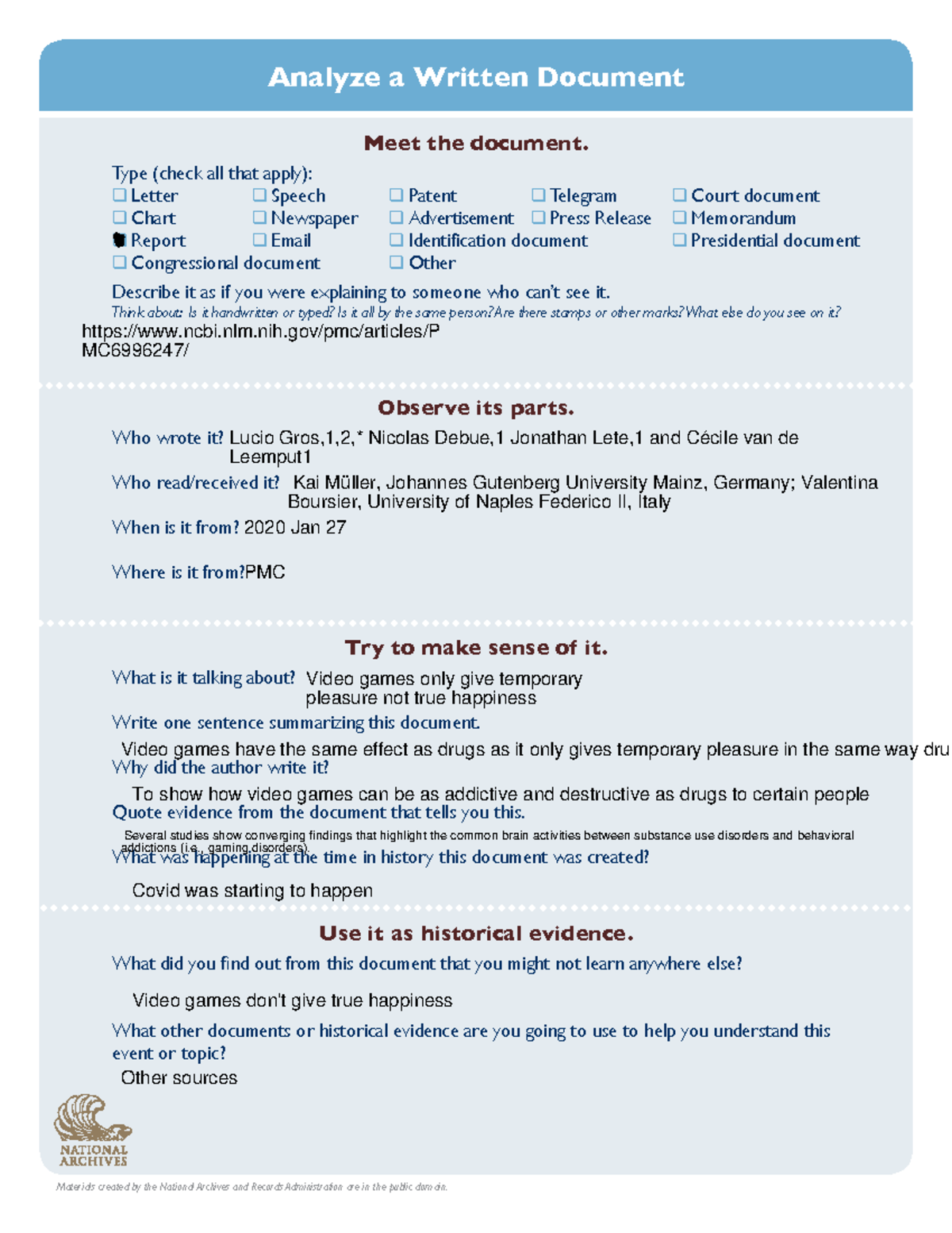 Written Document Analysis Worksheet - National Archives - Materials ...