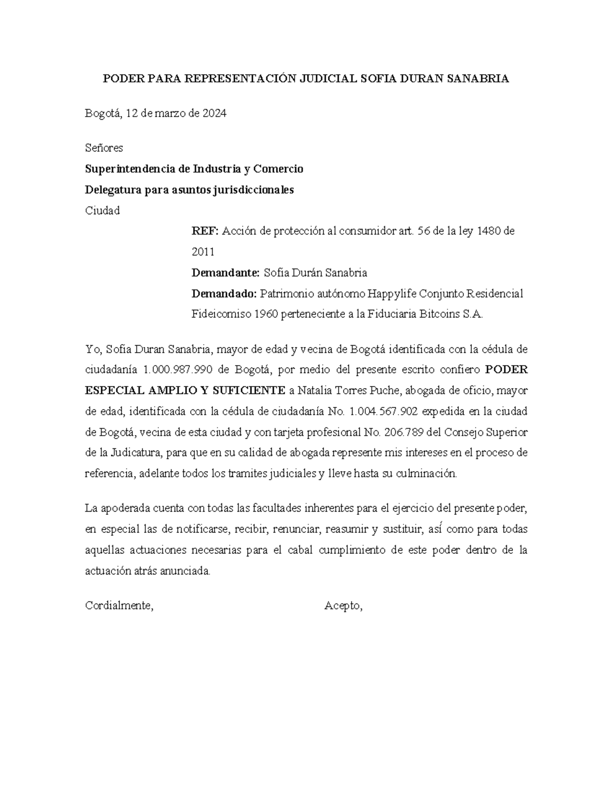 Folio 24. Poder representación - PODER PARA REPRESENTACIÓN JUDICIAL ...