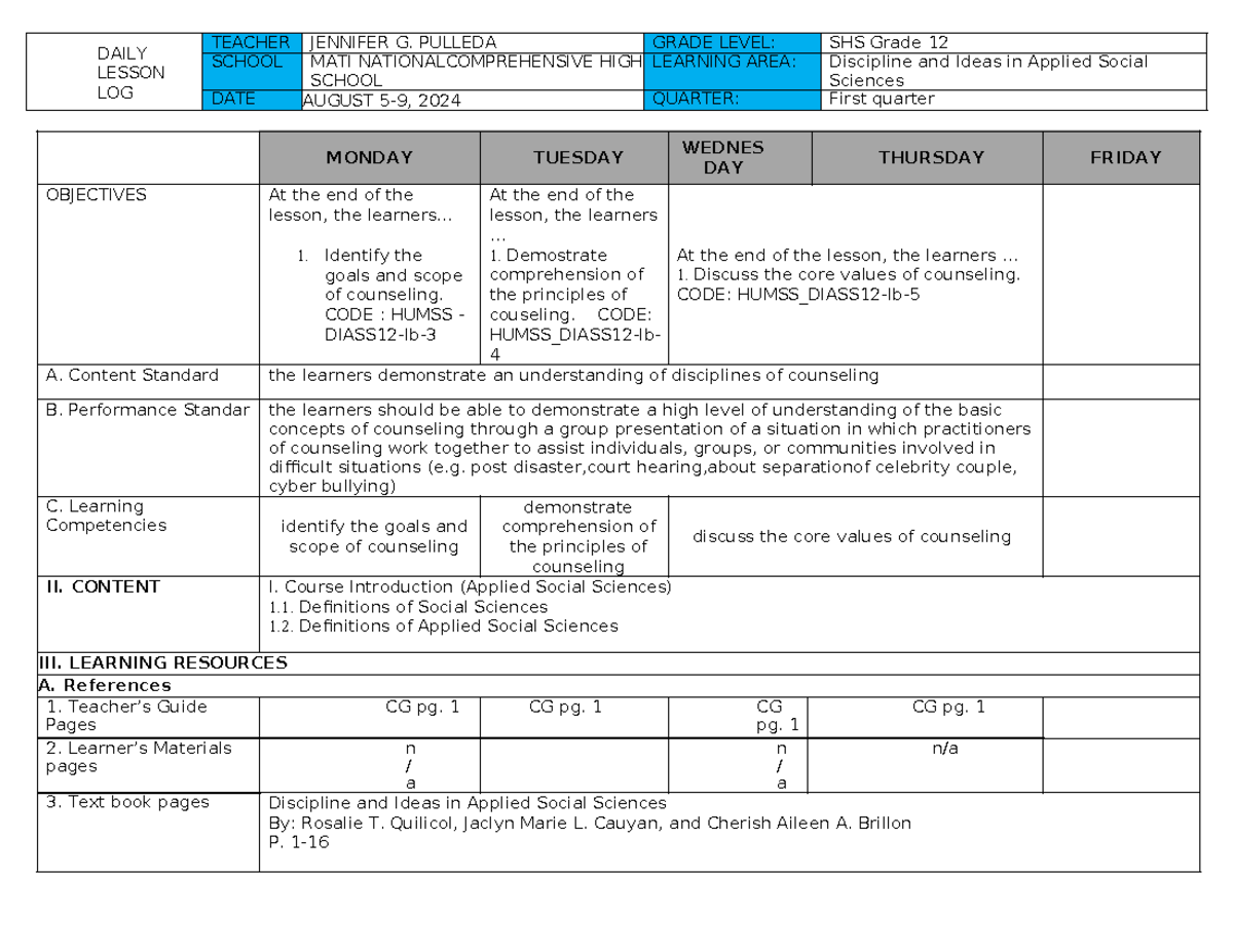 Daily lesson log for diass - DAILY LESSON LOG TEACHER JENNIFER G ...