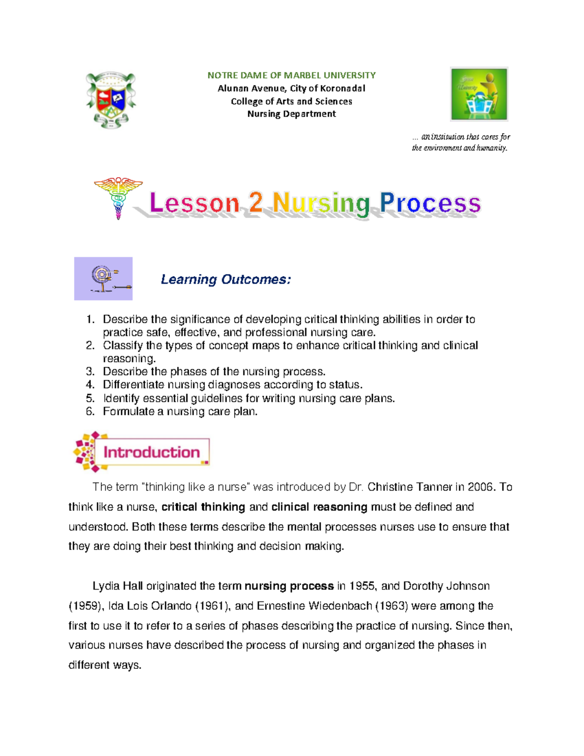 Course Pack Lesson 2 Nursing Process - NOTRE DAME OF MARBEL UNIVERSITY ...