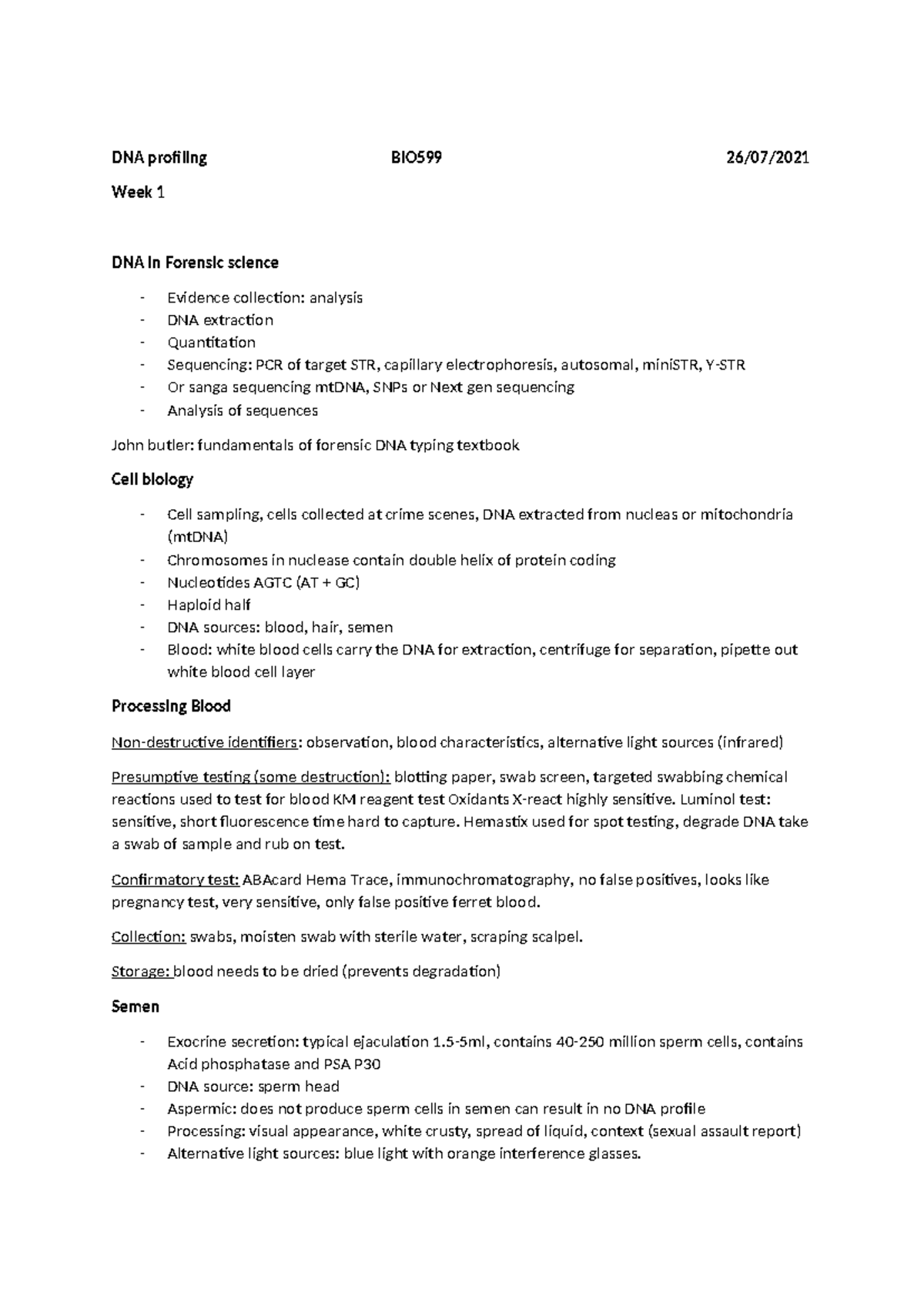 DNA profiling BIO599 26 week 1 - DNA profiling BIO599 26/07/ Week 1 DNA ...