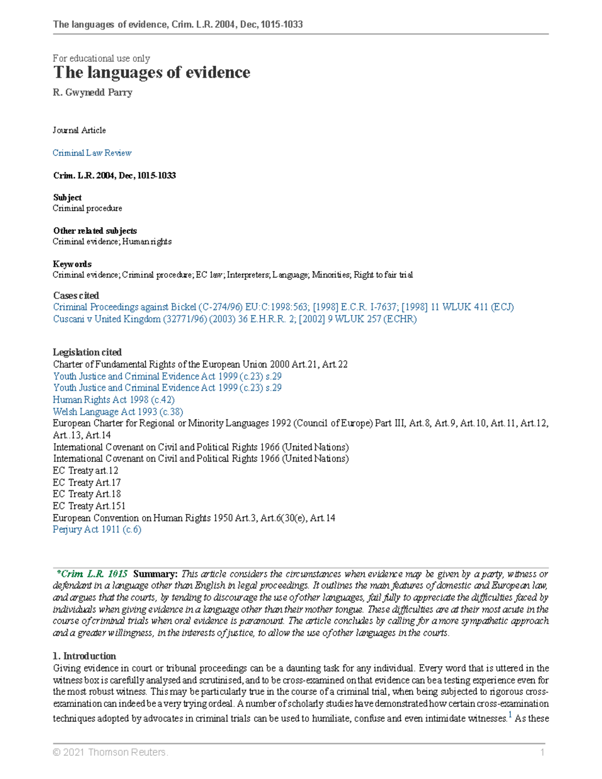 The languages of evidence - For educational use only The languages of ...