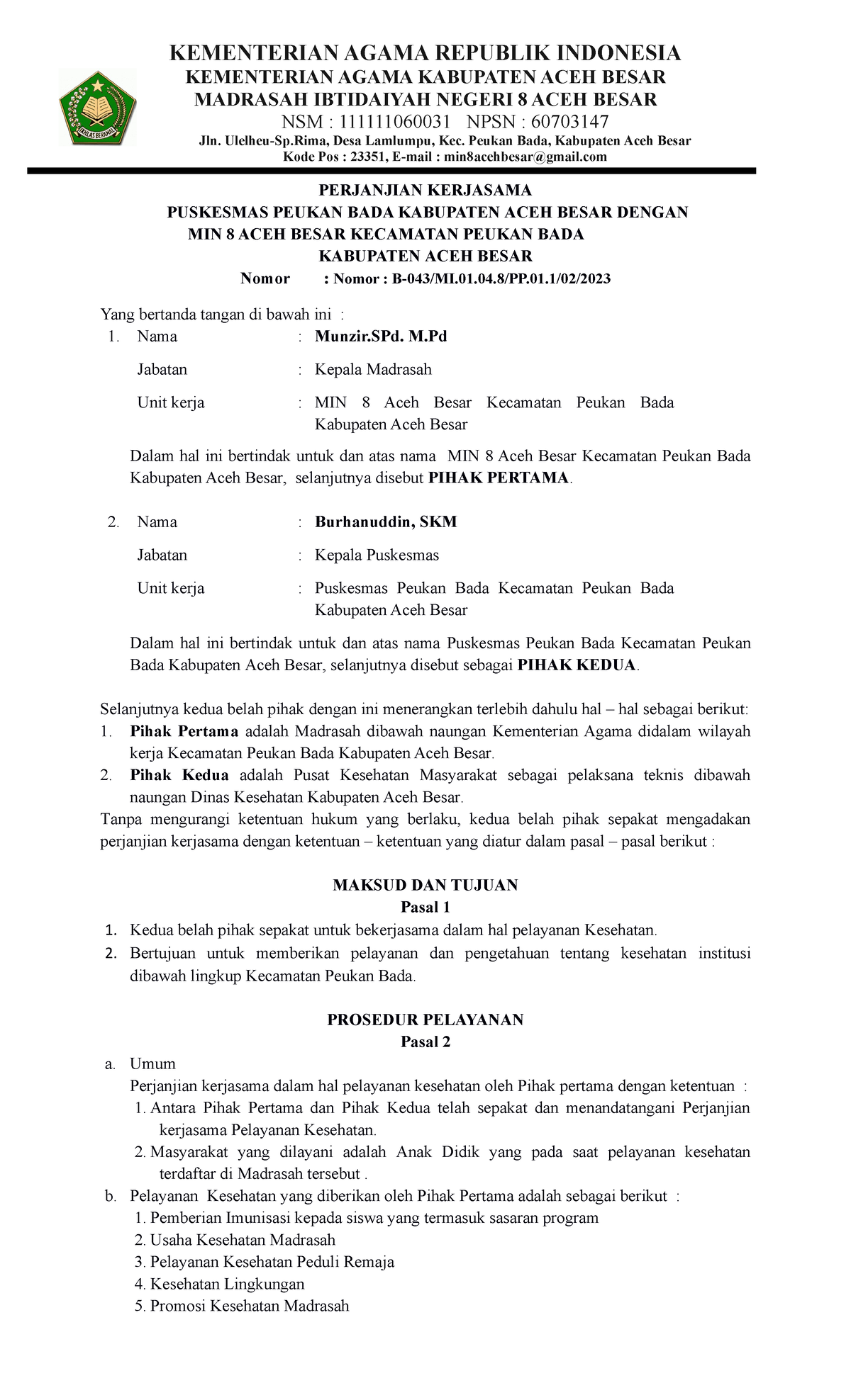 MOU DG Puskesmas OK - contoh mou - KEMENTERIAN AGAMA REPUBLIK INDONESIA ...