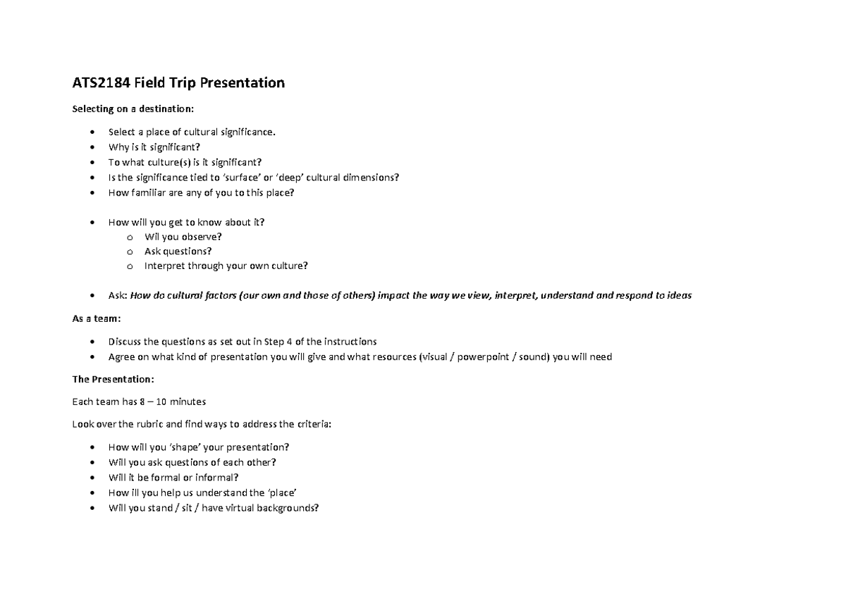 ATS2184 Field Trip Tips and Rubric - ATS2184 Field Trip Presentation ...