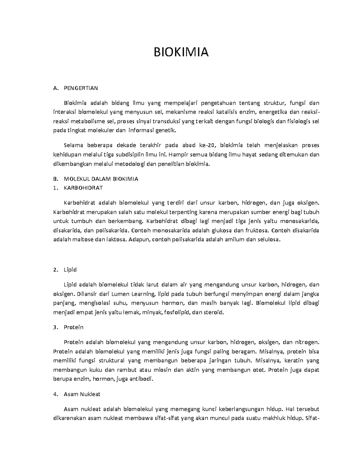 Biokimia - BIOKIMIA A. PENGERTIAN Biokimia adalah bidang ilmu yang ...
