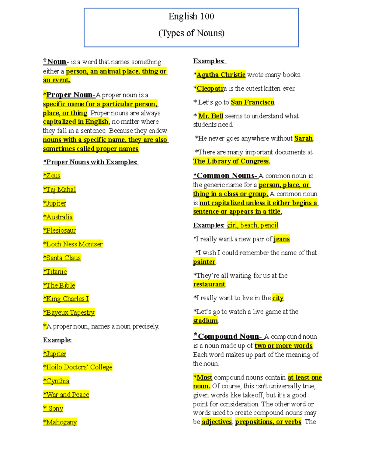 English Notes 100 (Types of Noun) - *Noun- is a word that names ...