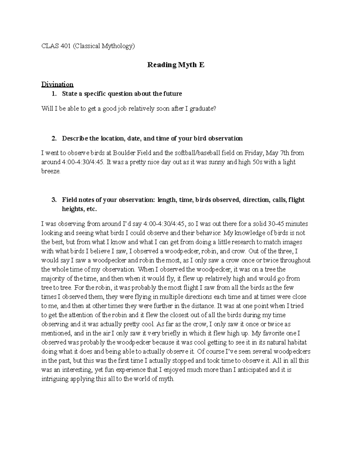 Reading Myth E - CLAS 401 Assignment - CLAS 401 (Classical Mythology ...