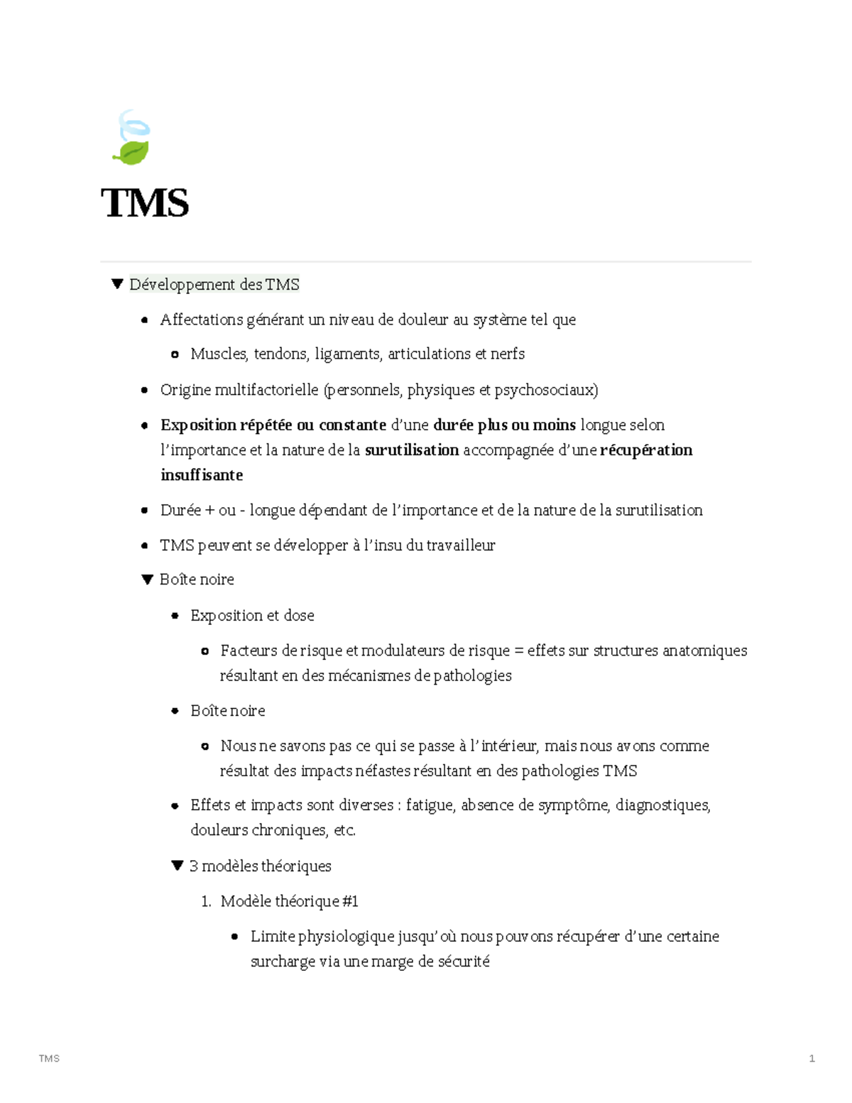 TMS - Résumé du cours selon les apprentissages clés - 🍃 TMS Développement des TMS Affectations ...
