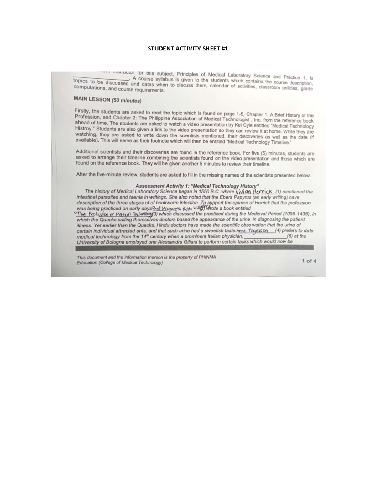 Student Activity Sheet 1 - Principles of Medical Laboratory Science ...