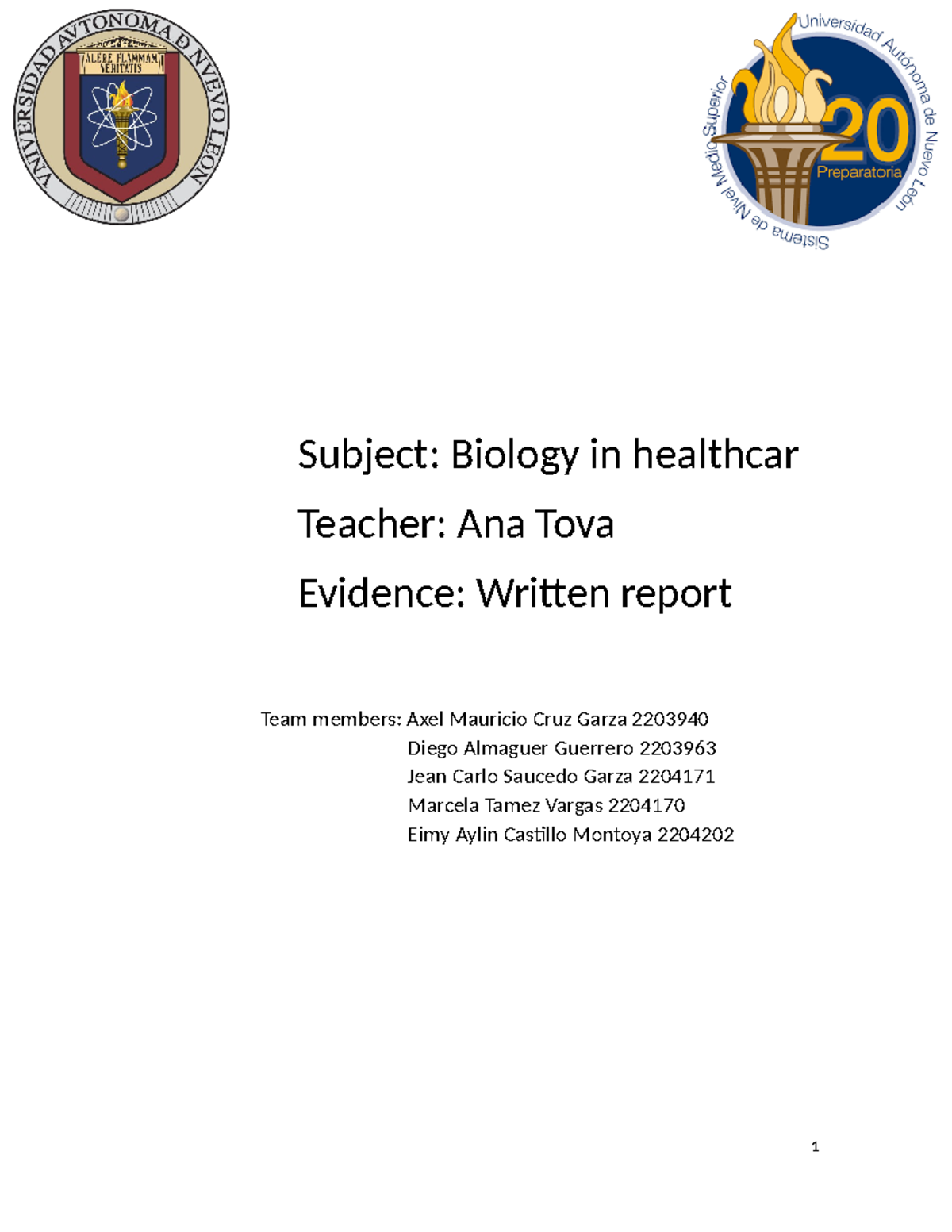 ACG BH Stage 2 - Aksk - Subject: Biology in healthcar Teacher: Ana Tova ...
