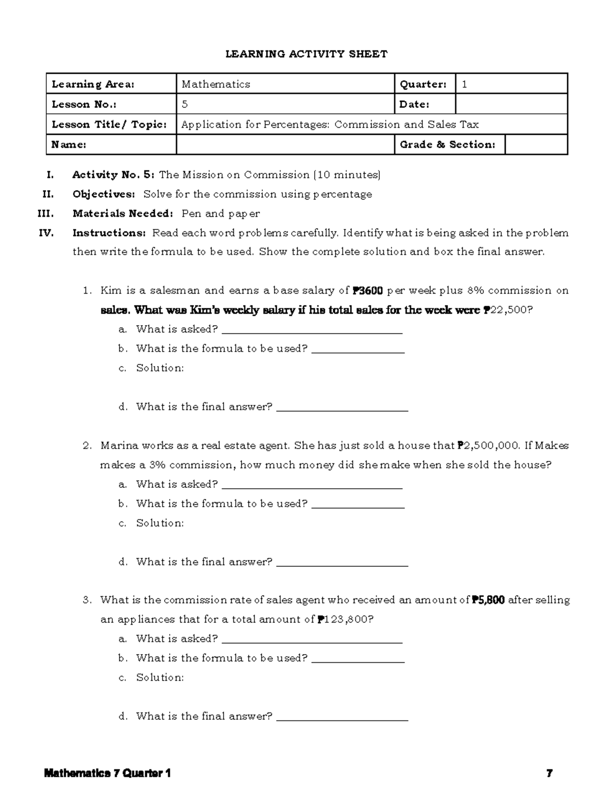 Activity math 7 matatag curi. - LEARNING ACTIVITY SHEET Learning Area: Mathematics Quarter: 1 ...
