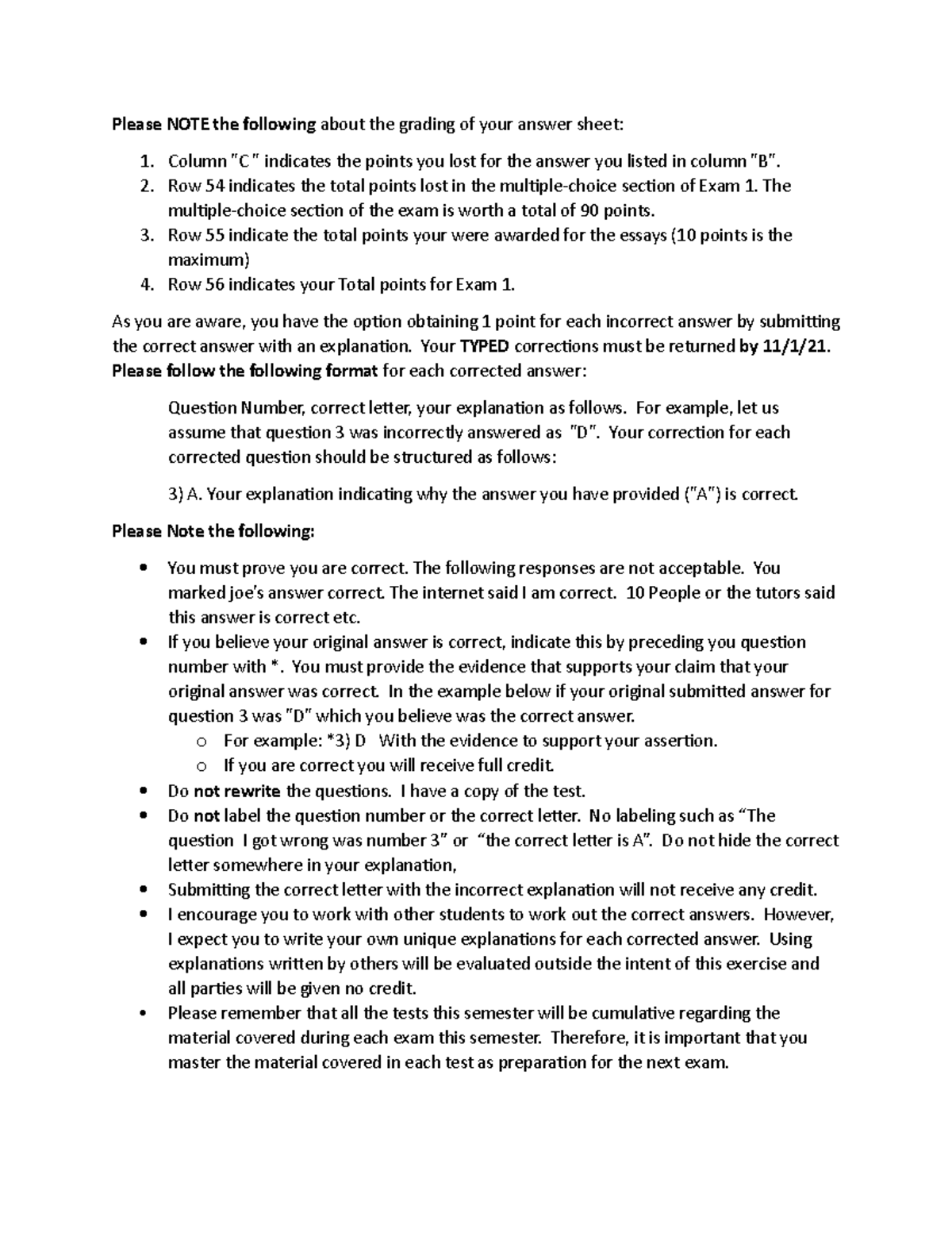 Directions for corrections Exams - Please NOTE the following about the ...