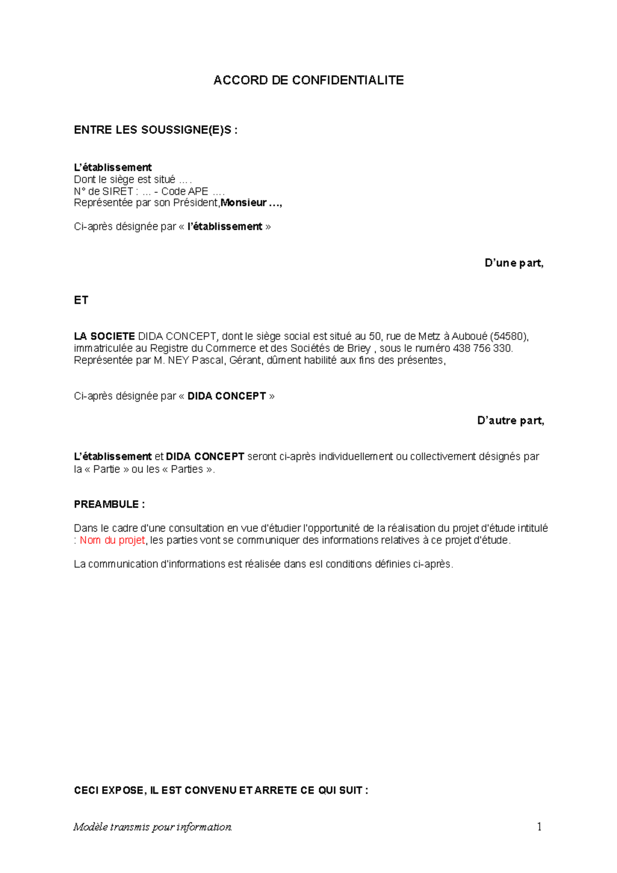 Modele accord de confidentialité - ACCORD DE CONFIDENTIALITE ENTRE LES ...