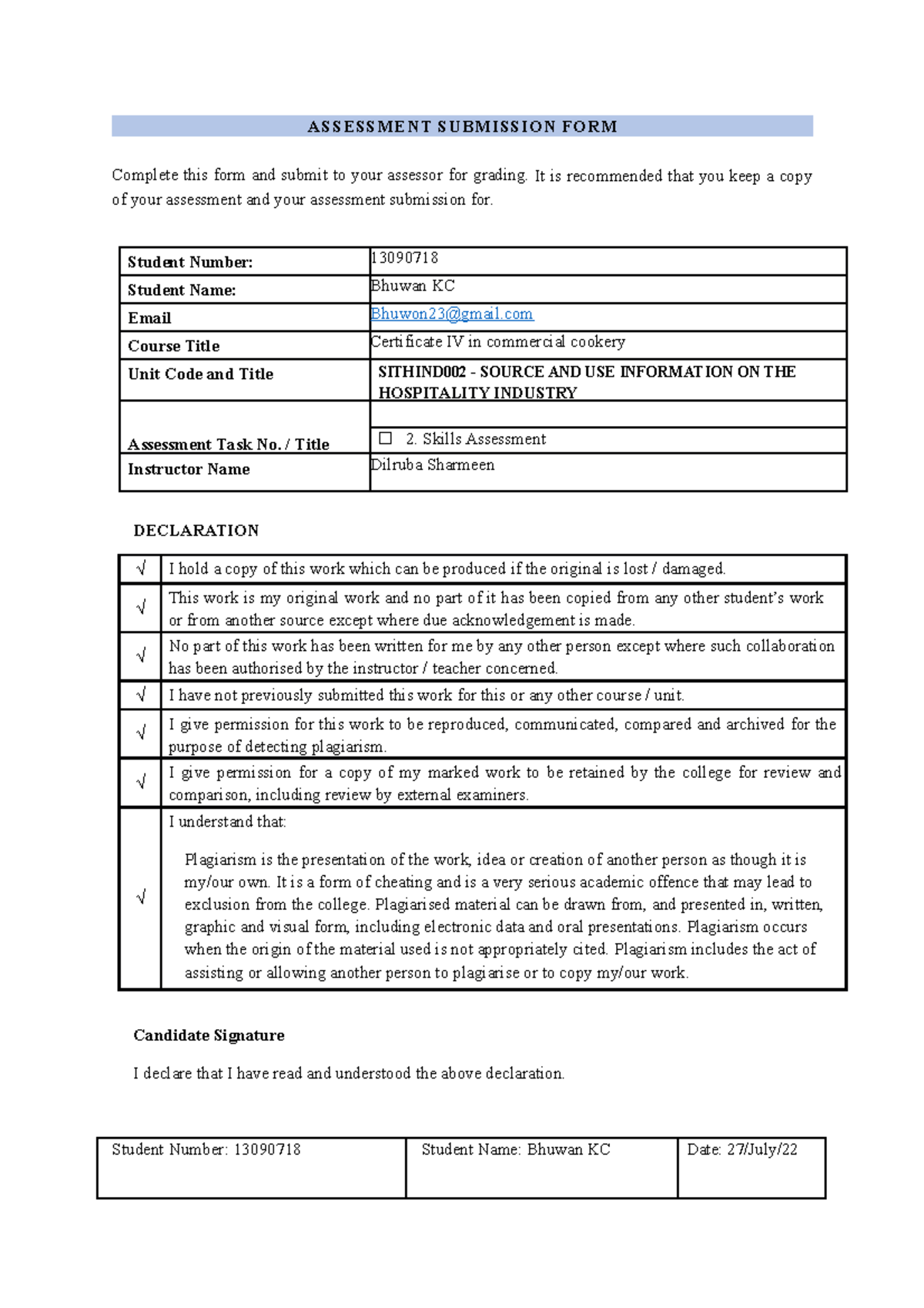 Sithind 002 - rgsfg - ASSESSMENT SUBMISSION FORM Complete this form and ...