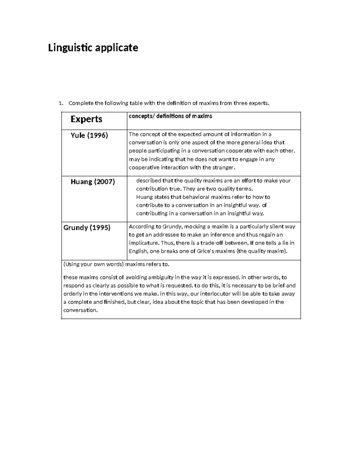 Lingüística aplicada - Linguistic applicate 1. Complete the following ...