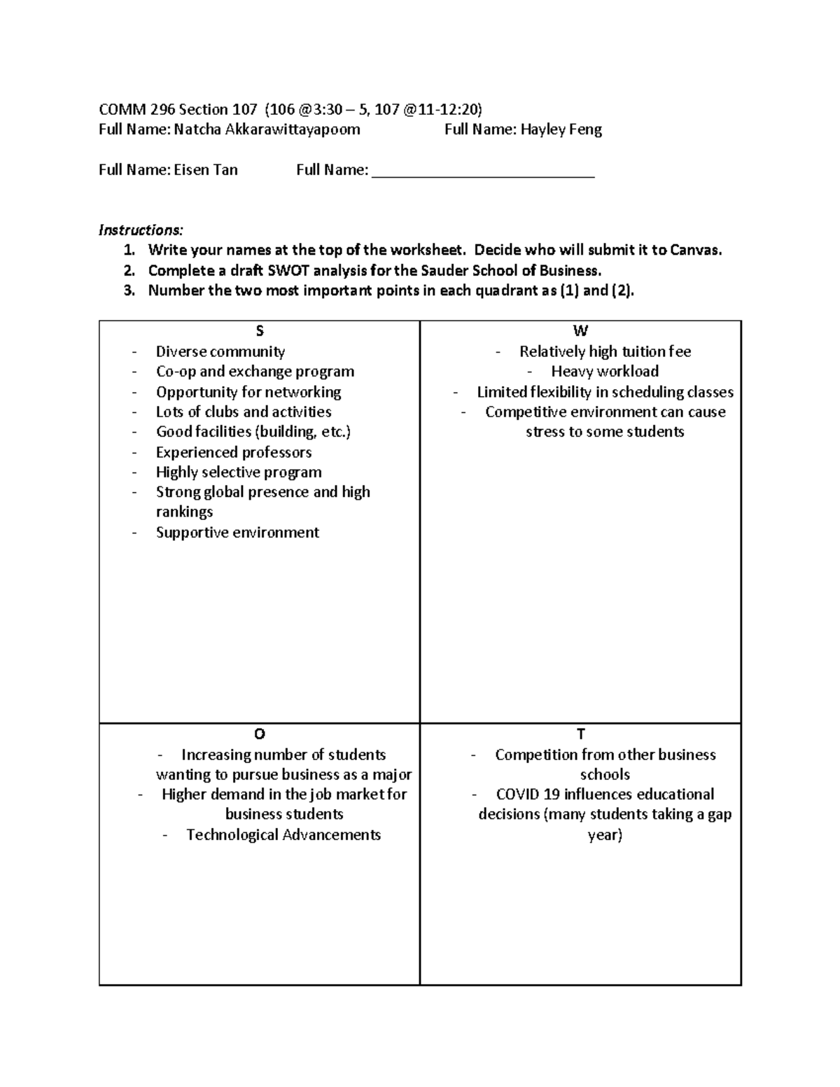 Comm 296 Workheet- SWOT exercise - COMM 296 - UBC - Studocu