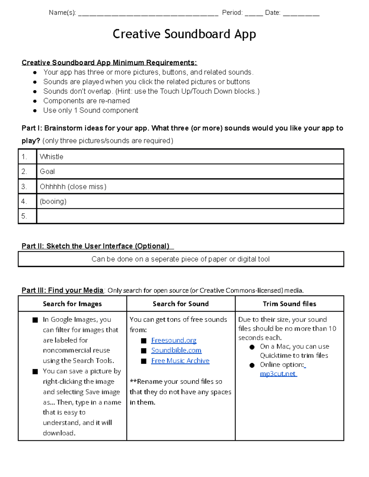 CS 107 Creative Soundboard Project Plan - Name(s