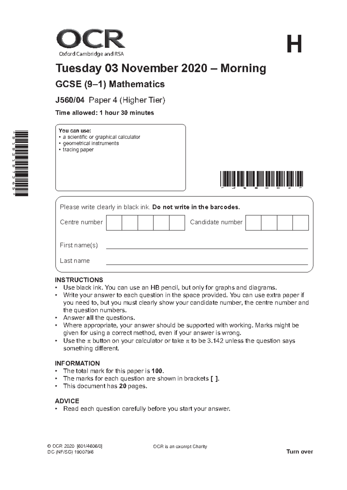OCR maths paper 1 higher tier - Oxford Cambridge and RSA Please write ...