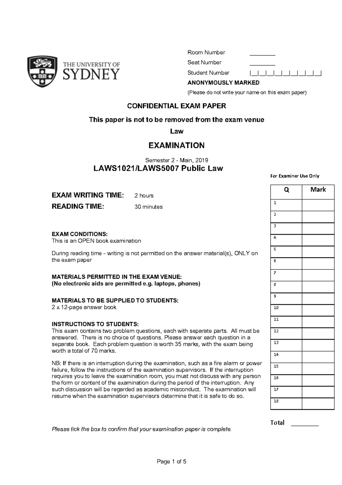 2019 Final Exam Answer - CONFIDENTIAL EXAM PAPER This paper is not to ...