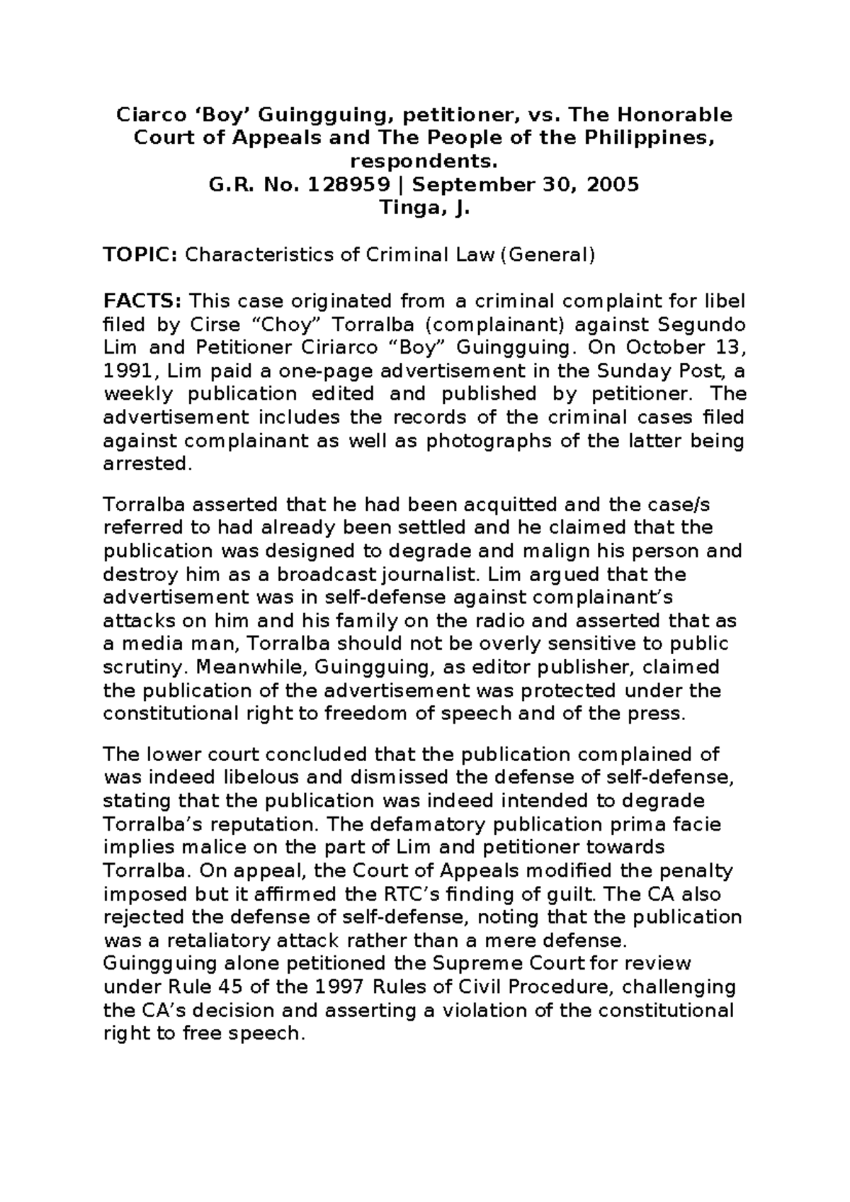 Guingguing vs CA Case Digest - Ciarco ‘Boy’ Guingguing, petitioner, vs ...