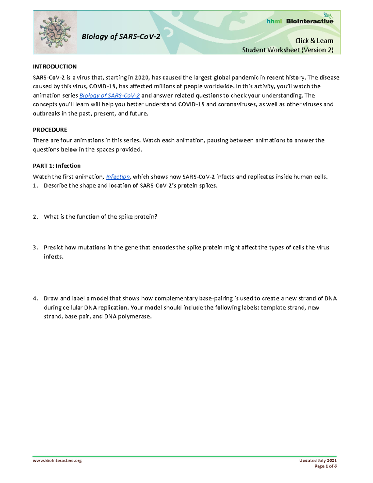 Bio Sarscov 2-Student WS 2-CL - BioInteractive Updated July 2021 ...