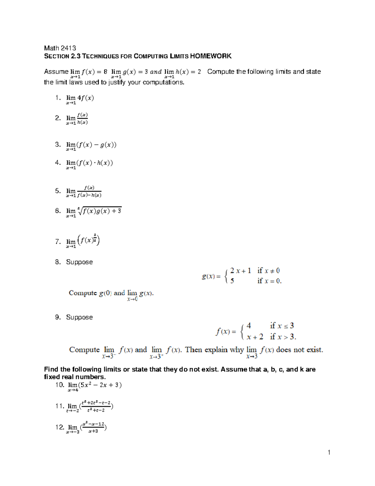 Section 2.3 Techniques FOR Computing Limits Homework - 1 Math 2413 SECTION 2 TECHNIQUES FOR ...