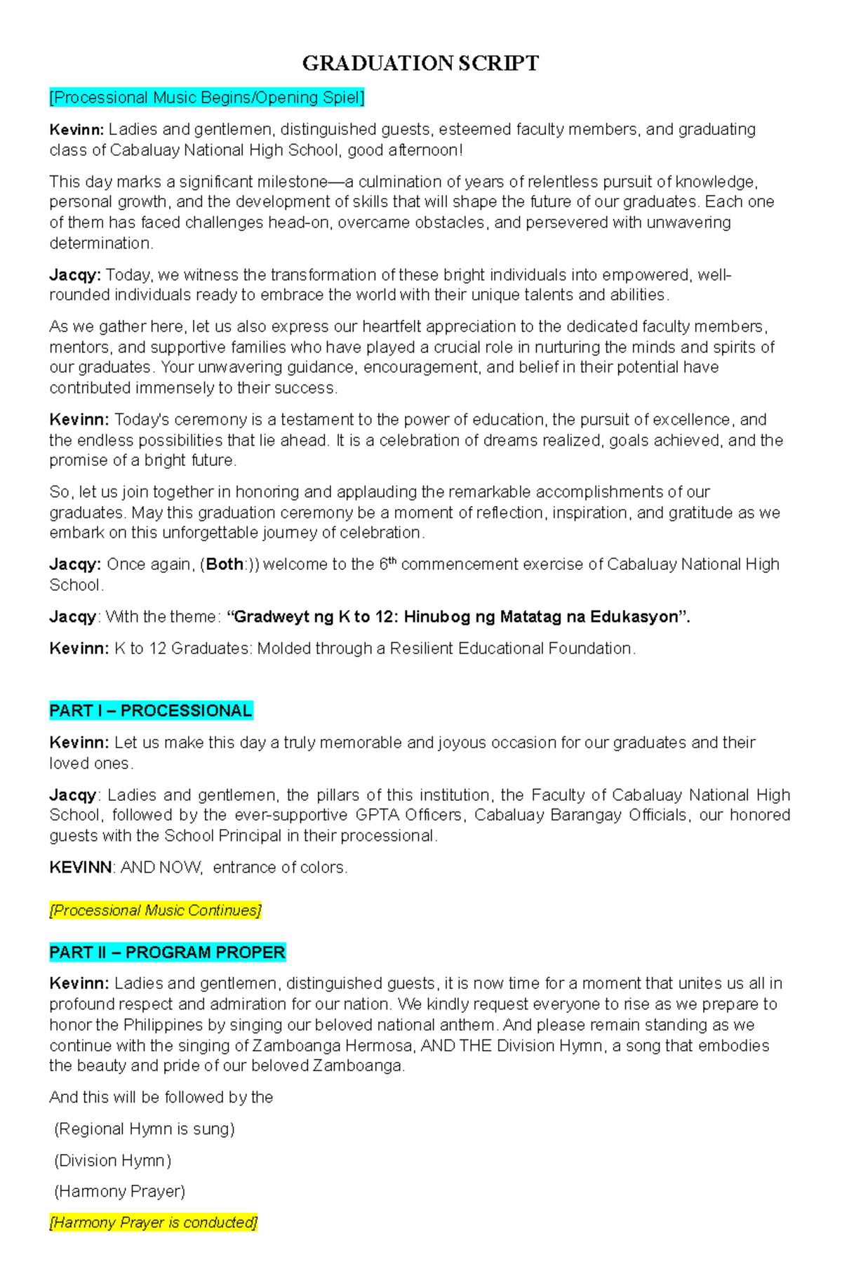 2022 2023 graduation script - GRADUATION SCRIPT [Processional Music ...