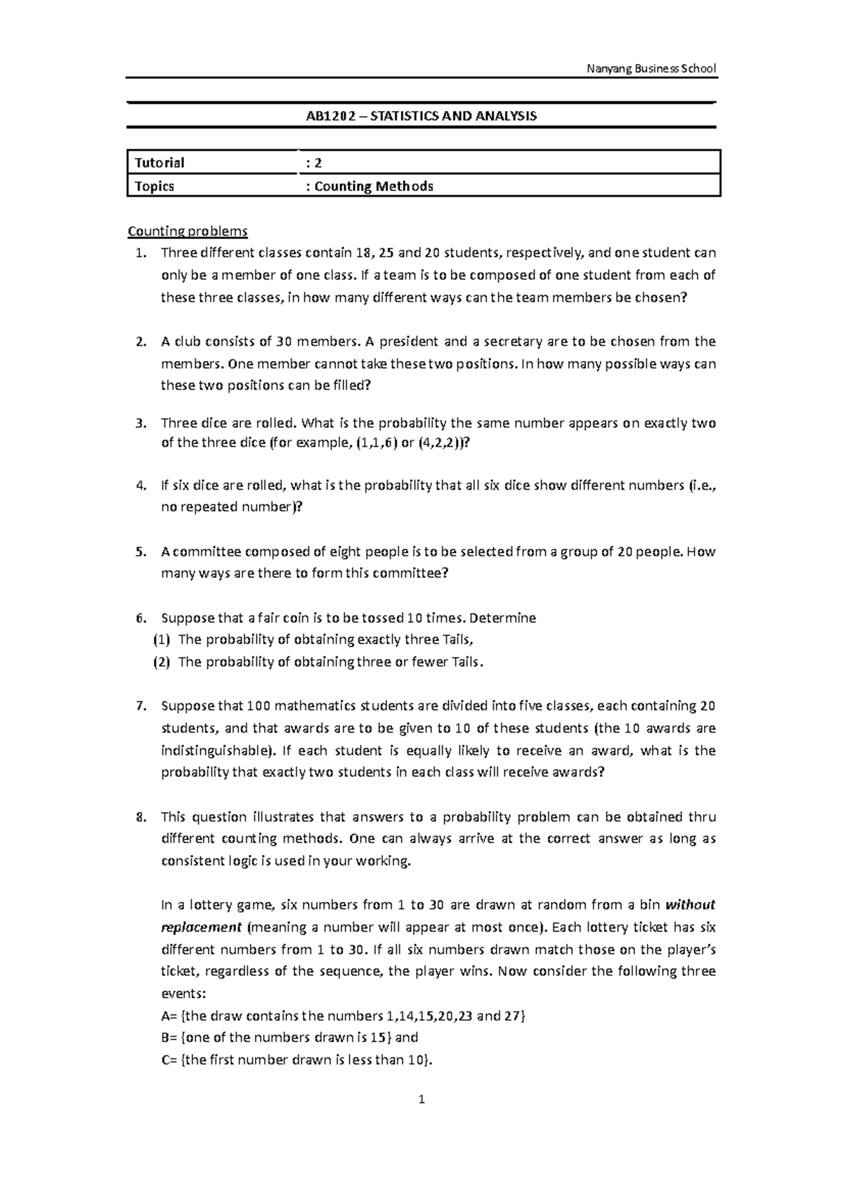 Tutorial 2 Questions Nanyang Business School 1 Ab1202 Statistics And Analysis Tutorial 2